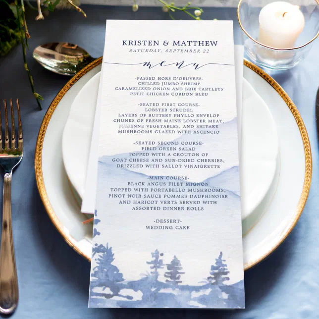 Watercolor Rustic Blue Mountain Wedding Menu | Zazzle