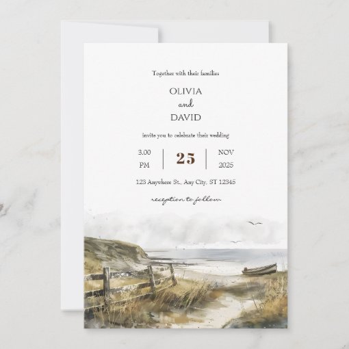 Watercolor Rustic Coastal Field Art Beach Wedding Invitation | Zazzle