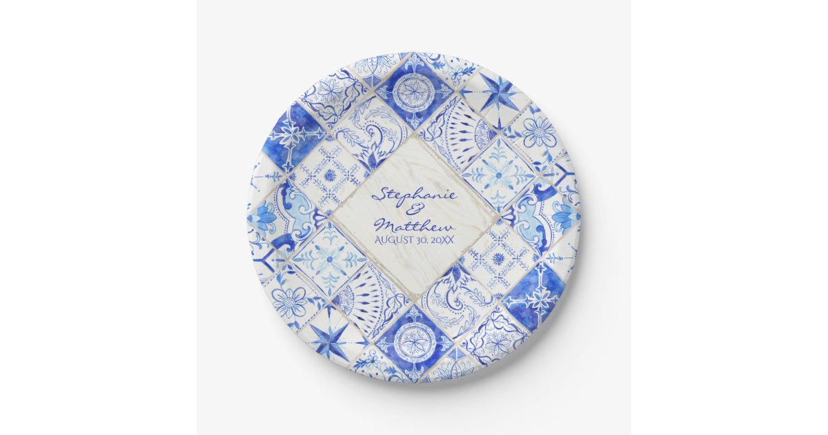 Watercolor Rustic Country Blue White Tile Diamond Paper Plates | Zazzle