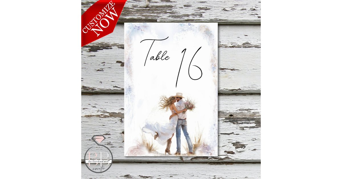Watercolor Rustic Cowboy Wedding Table Number | Zazzle