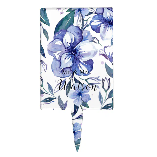 Watercolor Rustic Dusty Blue Floral Wedding Cake Topper | Zazzle