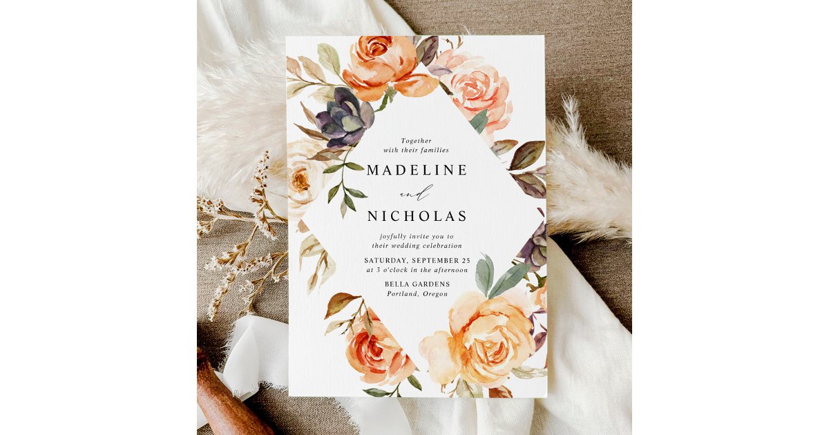 Watercolor Rustic Fall Floral Frame Wedding Invitation | Zazzle