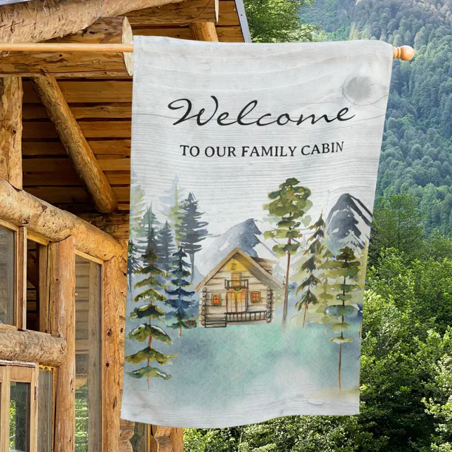 Watercolor Rustic Foggy Forest Mountain Cabin House Flag | Zazzle