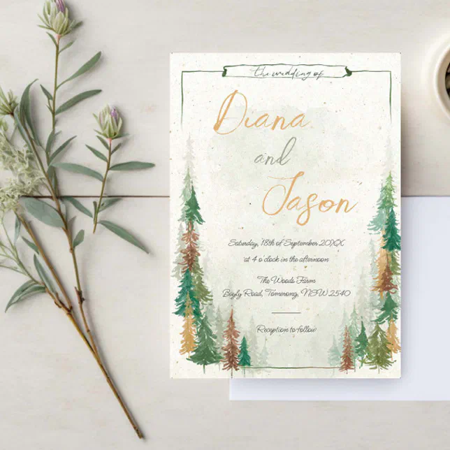Watercolor Rustic forest pine trees Invitation | Zazzle