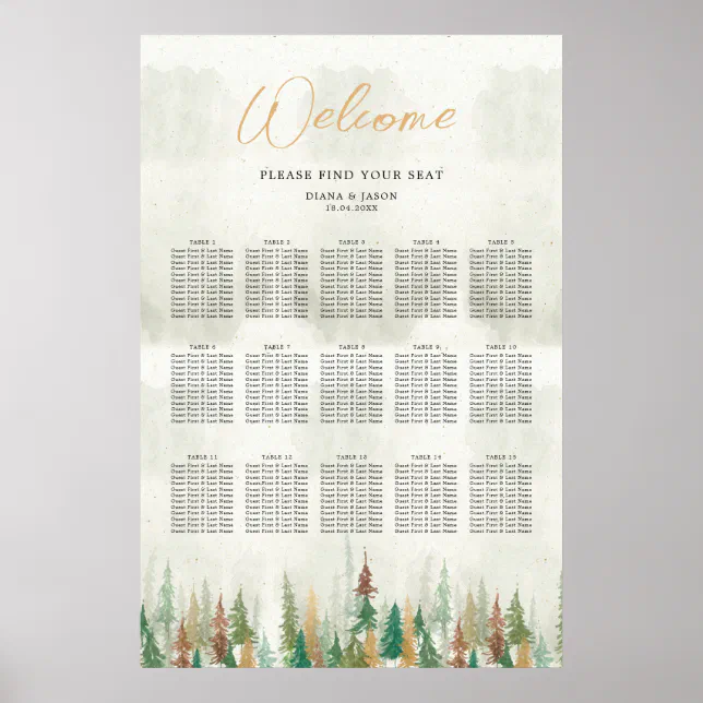 Watercolor Rustic forest pine trees seating chart | Zazzle