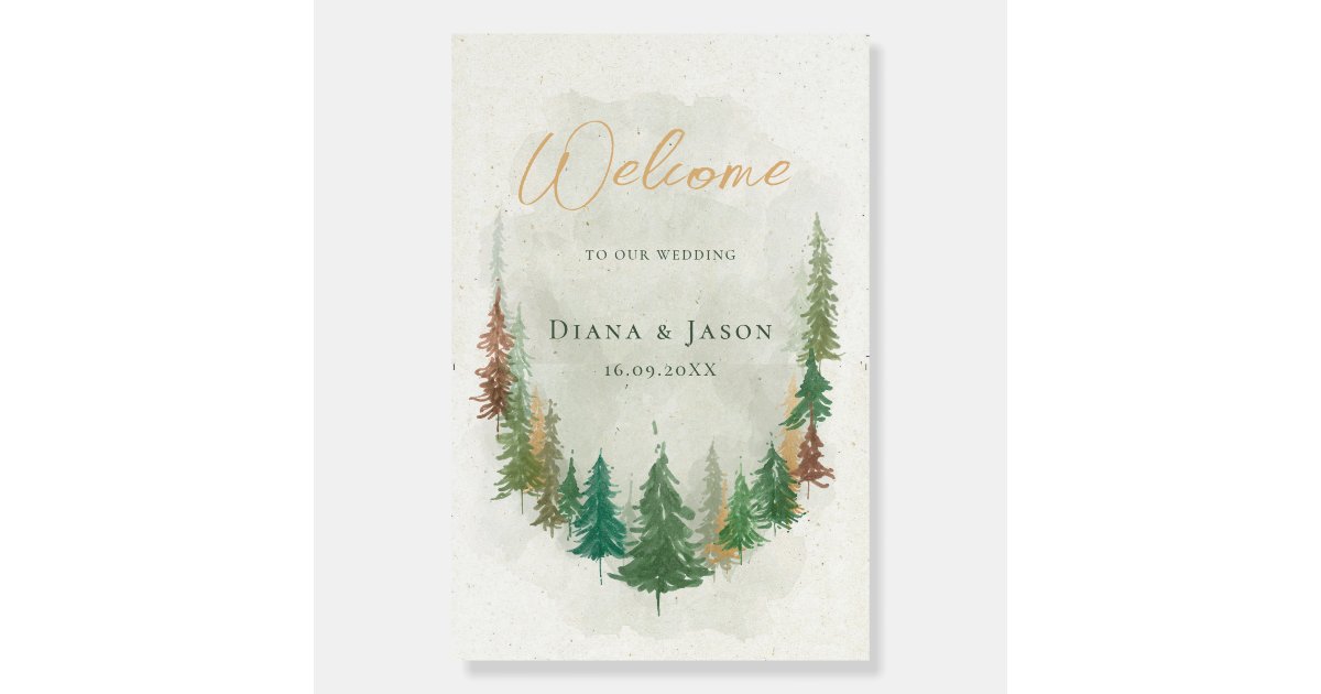 Watercolor Rustic forest pine trees welcome sign | Zazzle