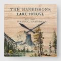 Watercolor Rustic Lake House Themed Family Name Square Wall Clock | Zazzle