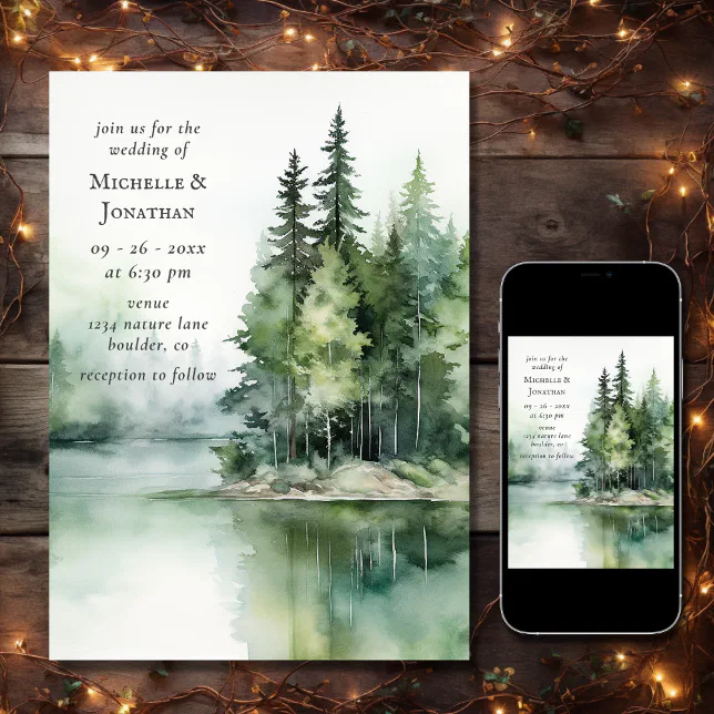 Watercolor Rustic Lake Woodland Forest Wedding Invitation | Zazzle