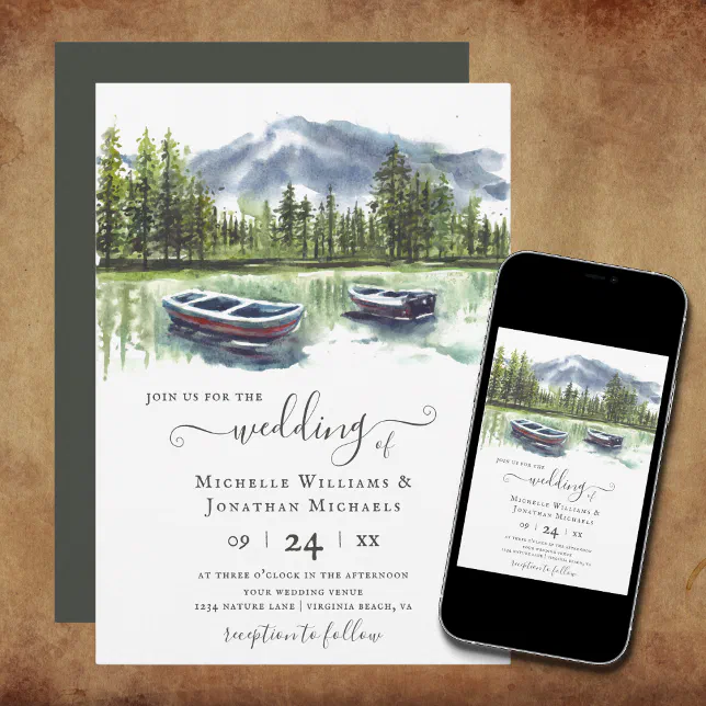 Watercolor Rustic Mountain Lake with Boats Wedding Invitation | Zazzle