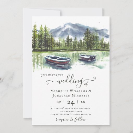 Watercolor Rustic Mountain Lake with Boats Wedding Invitation | Zazzle