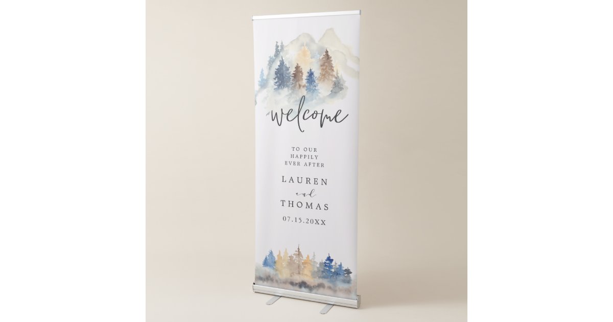 Watercolor Rustic Mountains Welcome Wedding Retractable Banner | Zazzle