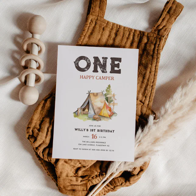 Watercolor Rustic One Happy Camper 1st Birthday Invitation | Zazzle