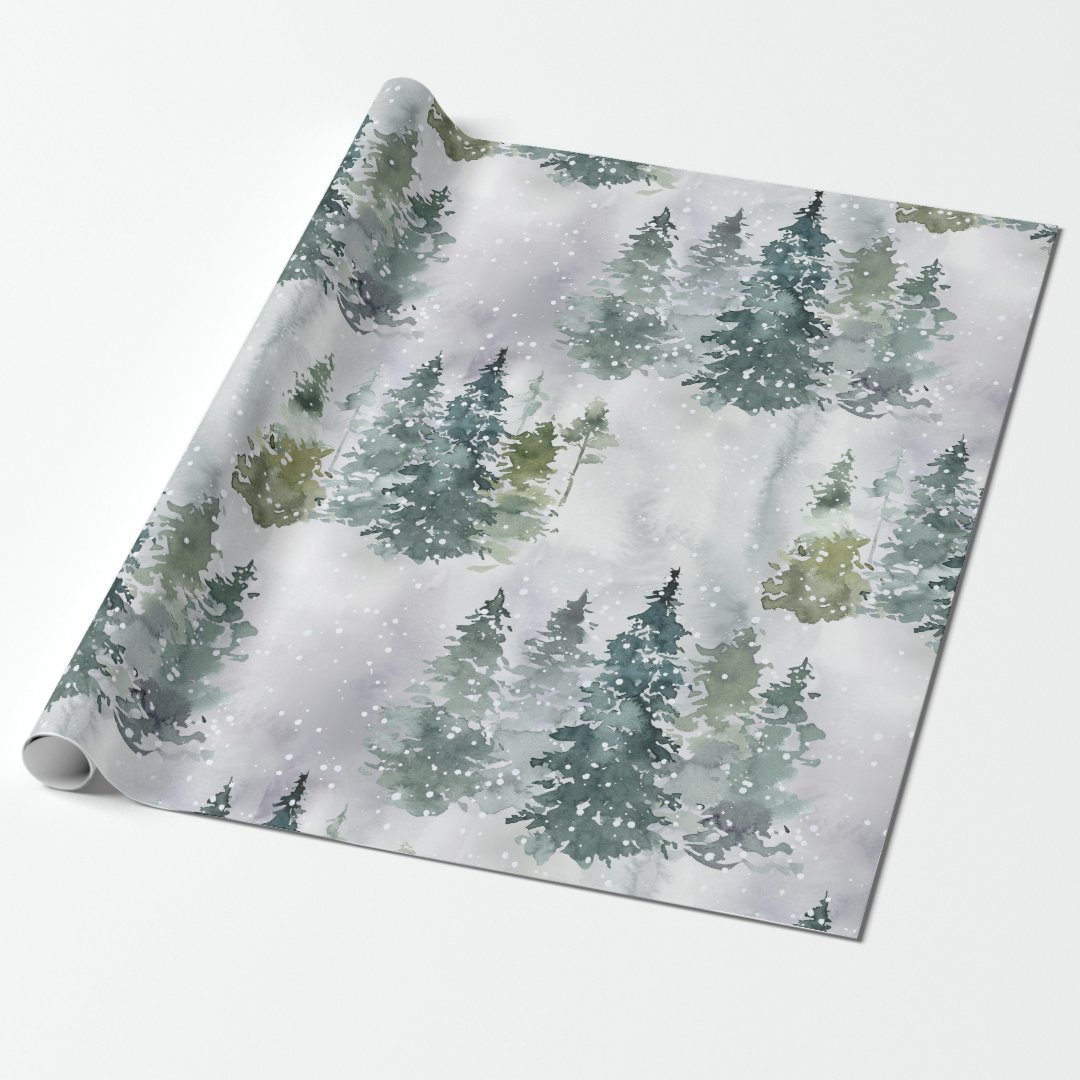Watercolor Rustic Pine Trees Forest Snow Winter Wrapping Paper | Zazzle