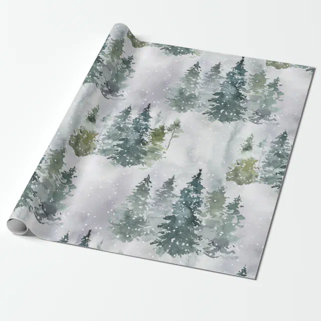 Watercolor Rustic Pine Trees Forest Snow Winter Wrapping Paper | Zazzle