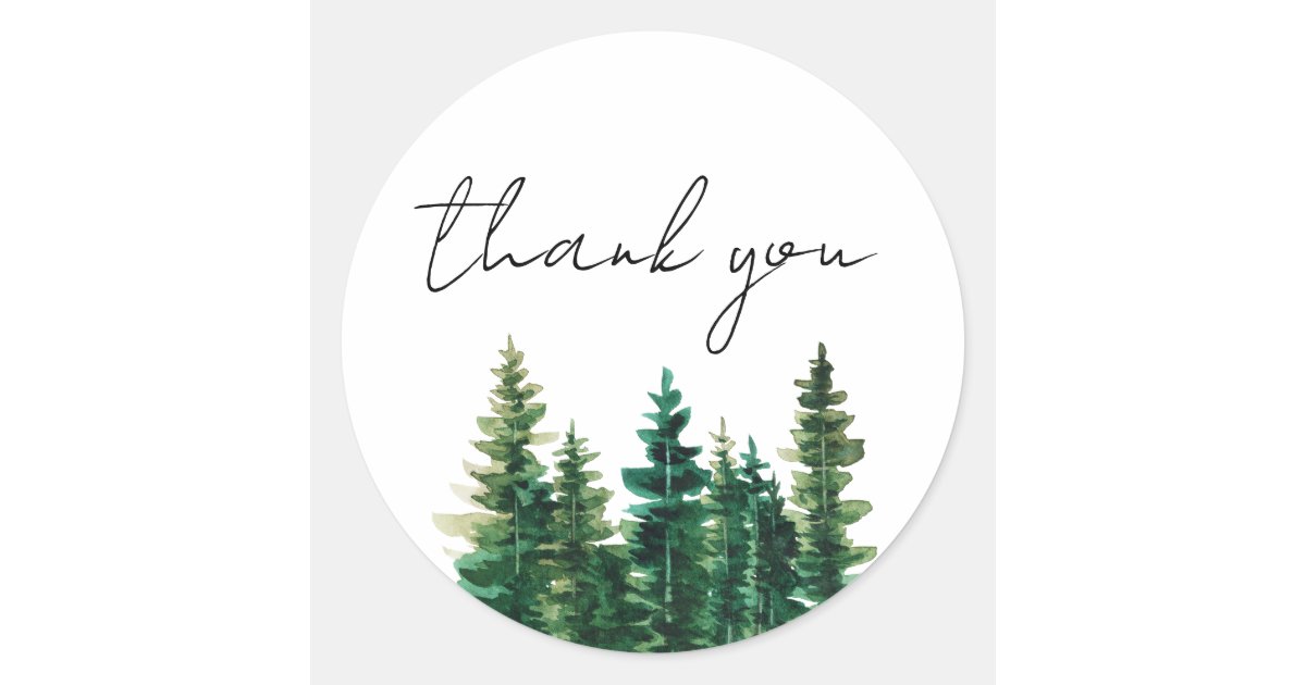 Watercolor Rustic Pine Trees Thank You Classic Round Sticker | Zazzle