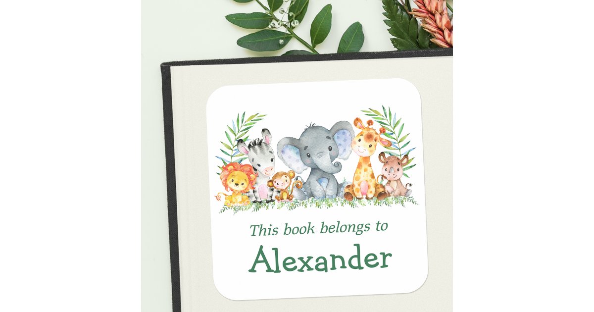 Watercolor Safari Animals Green Bookplate Label | Zazzle