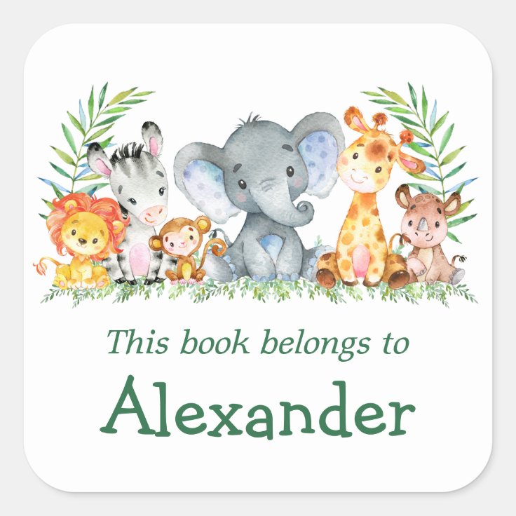 Watercolor Safari Animals Green Bookplate Label | Zazzle