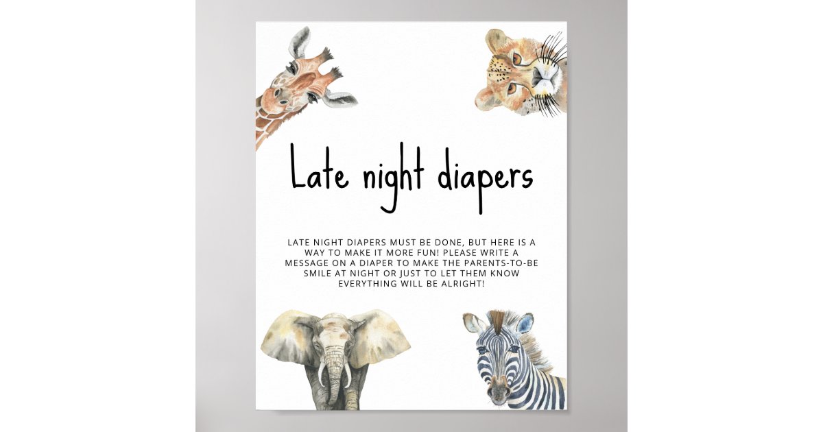 Watercolor safari animals - Late Night diapers Poster | Zazzle