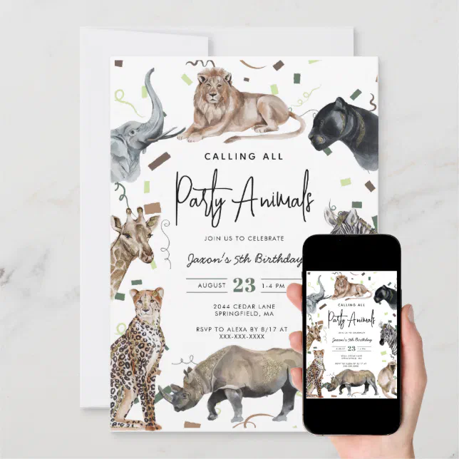 Watercolor Safari Calling All Animals Birthday Invitation | Zazzle