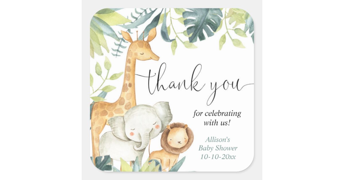 Watercolor safari jungle animals baby shower square sticker | Zazzle