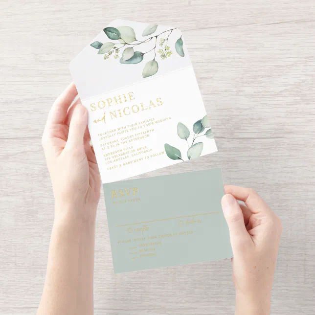 Watercolor Sage Green Eucalyptus Wedding All In One Invitation | Zazzle
