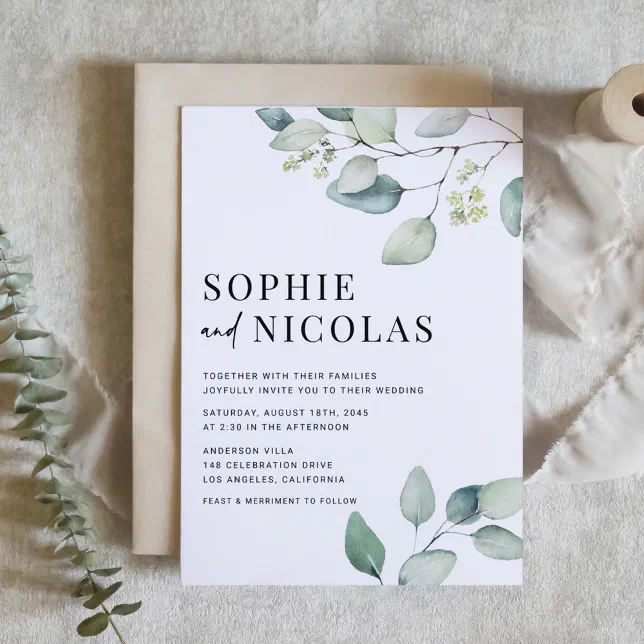 Watercolor Sage Green Eucalyptus Wedding Invitation | Zazzle