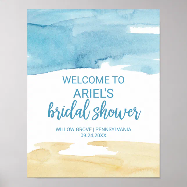 Watercolor Sand and Sea Bridal Shower Welcome Poster | Zazzle