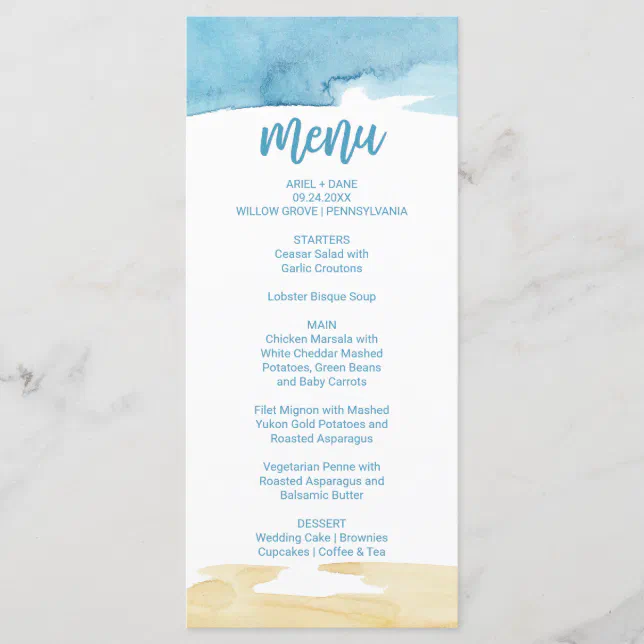 Watercolor Sand and Sea Dinner Menu Card | Zazzle