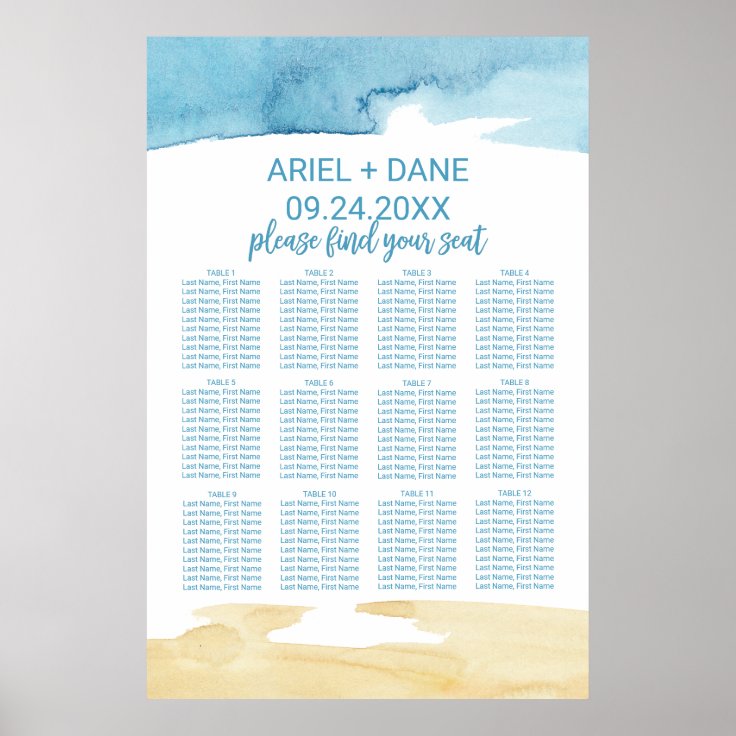 Watercolor Sand and Sea Seating Chart | Zazzle