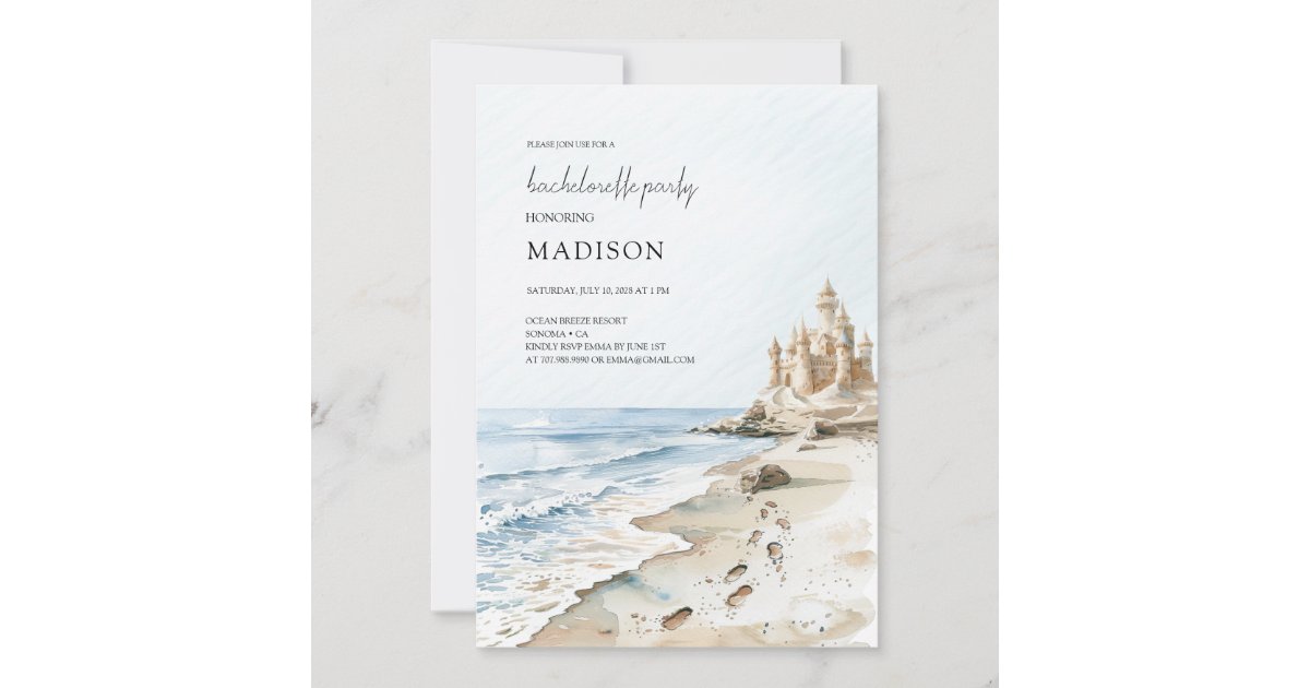 Watercolor Sand Castle Beach Bachelorette Party Invitation | Zazzle