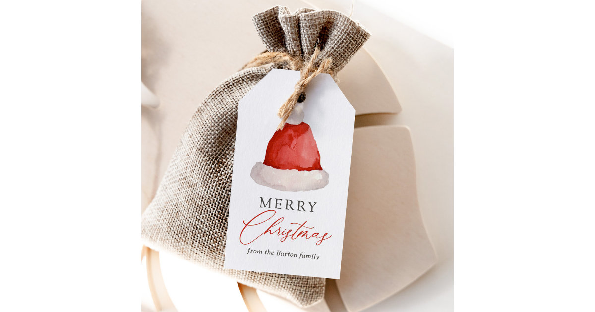 Watercolor Santa hat Christmas Holiday Gift Tags | Zazzle