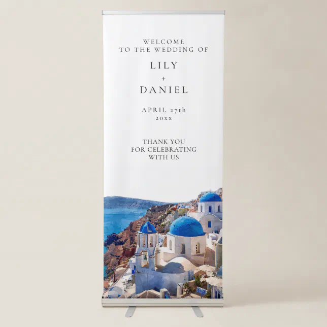 Watercolor Santorini Greece Wedding Welcome Retractable Banner | Zazzle