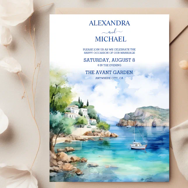 Watercolor Santorini Greek Wedding Invitation | Zazzle