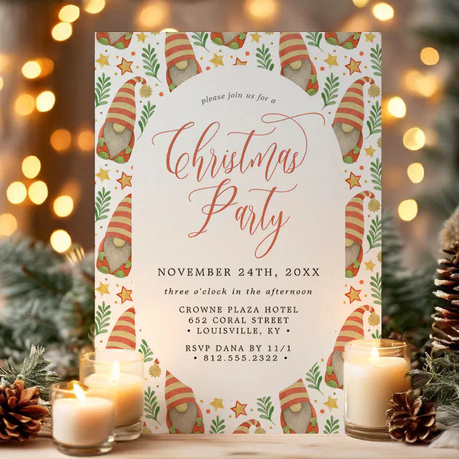 Watercolor Scandinavian Gnome Cute Christmas Party Invitation | Zazzle