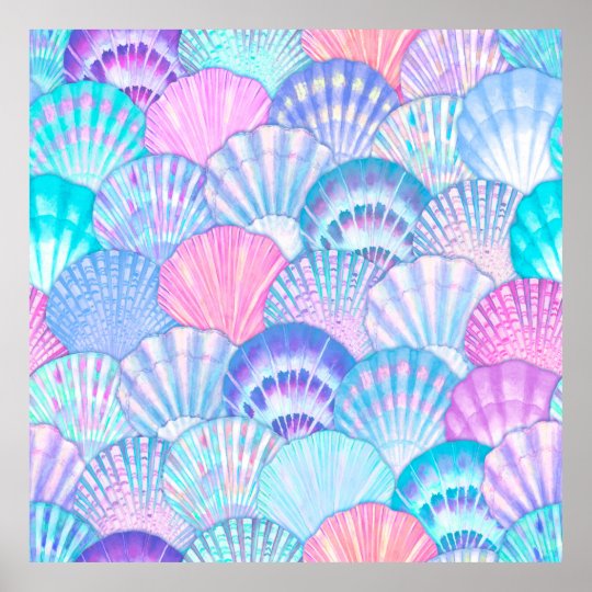 Watercolor sea shell seamless pattern. Hand drawn Poster | Zazzle.com