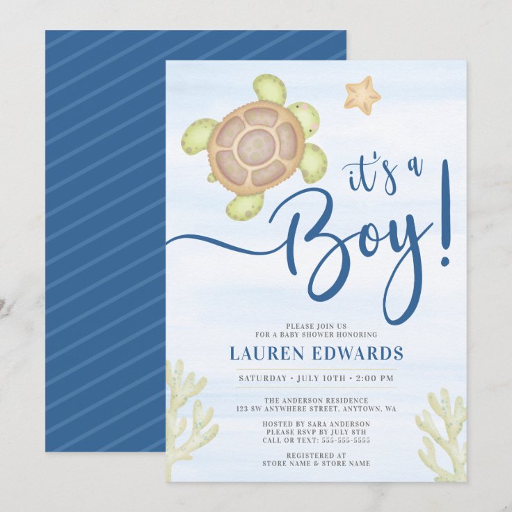 Watercolor Sea Turtle Boy Baby Shower Invitation | Zazzle