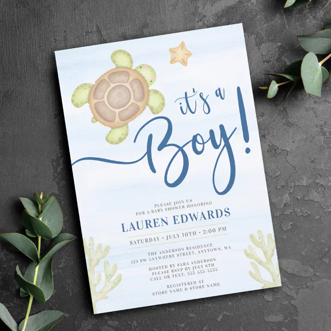 Watercolor Sea Turtle Boy Baby Shower Invitation | Zazzle