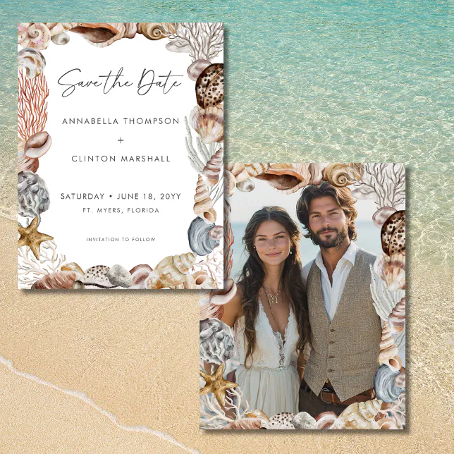 Watercolor Seashell Neutral Beach Wedding Save The Date | Zazzle