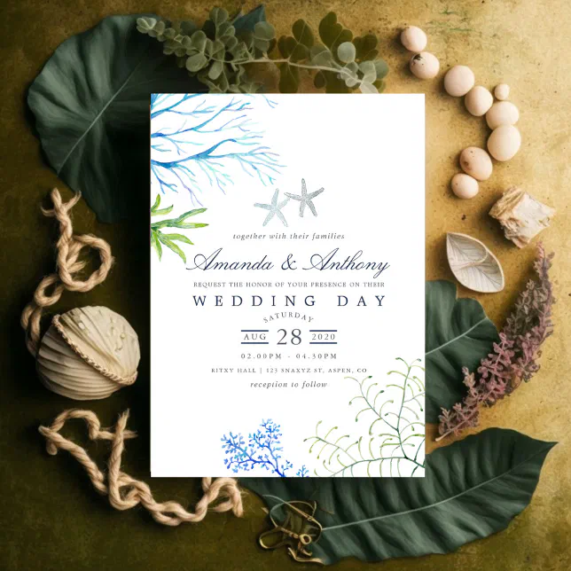 Watercolor Seaweed Beach Themed Wedding Invitation | Zazzle