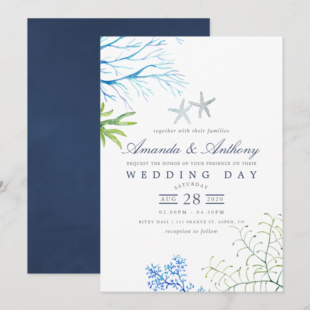 Watercolor Seaweed Beach Themed Wedding Invitation | Zazzle