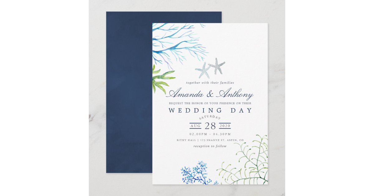 Watercolor Seaweed Beach Themed Wedding Invitation | Zazzle