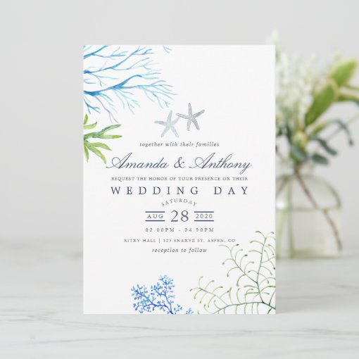 Watercolor Seaweed Beach Themed Wedding Invitation | Zazzle