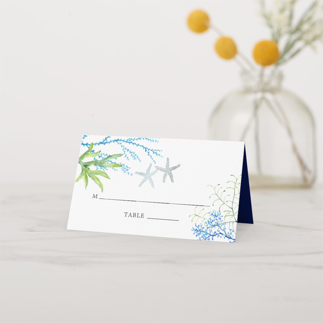 Watercolor Seaweed Beach Themed Wedding Place Card | Zazzle