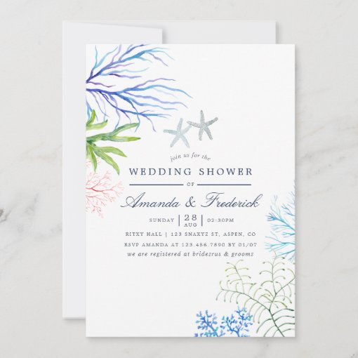Watercolor Seaweed Beach Themed Wedding Shower Invitation | Zazzle