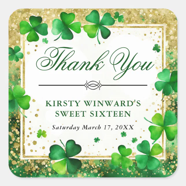 Watercolor Shamrock & Gold Glitter Sweet Sixteen Square Sticker | Zazzle