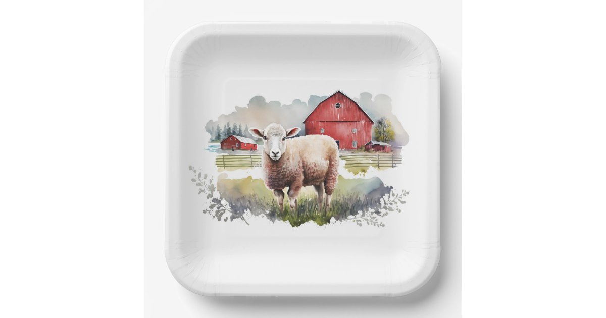 Watercolor Sheep With Red Barn Paper Plates | Zazzle