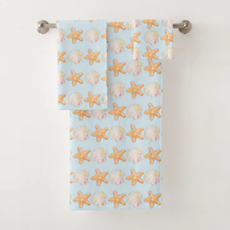 Watercolor shells and starfish bath towel set | Zazzle