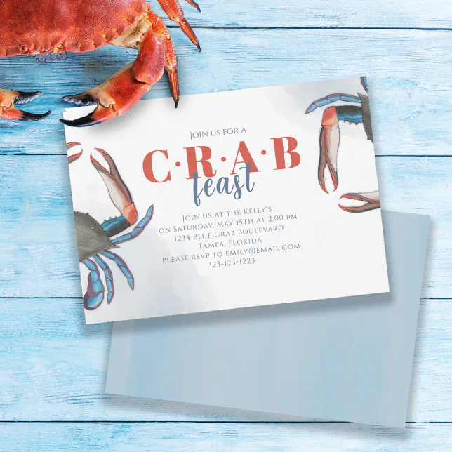 Watercolor Simple Blue Crab Feast Ocean Party Invitation | Zazzle