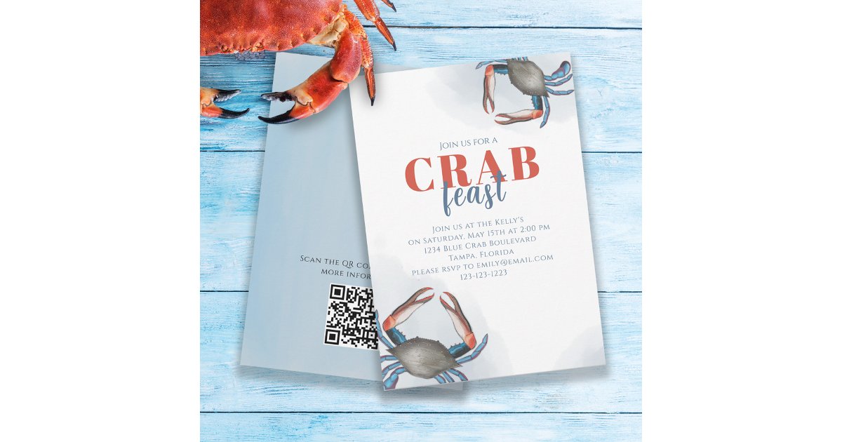 Watercolor Simple Blue Crab Feast Party QR Code Invitation | Zazzle