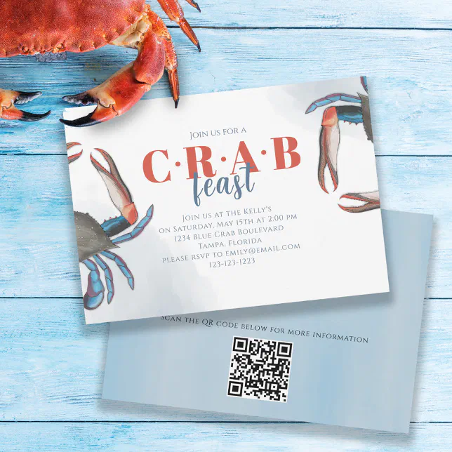 Watercolor Simple Blue Crab Feast Party QR Code Invitation | Zazzle